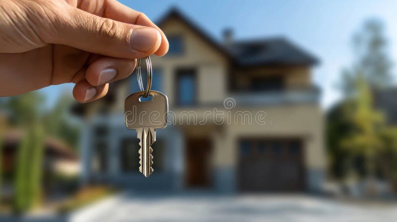 New Home, New Beginnings Hand Holding a House Key with a Blurred Dream ...