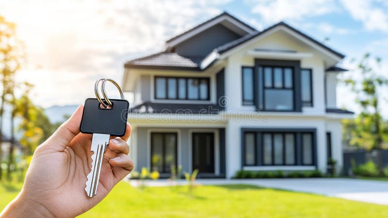 New Home, New Beginnings Hand Holding House Key with Modern Dream Home ...