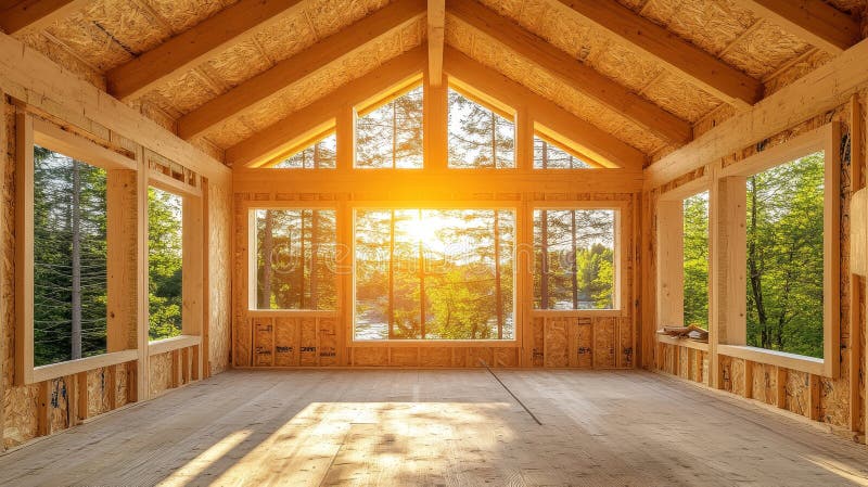 New Home Construction Interior Framing with Sunset Views through ...