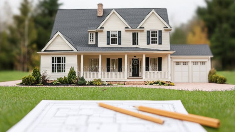 New Home Construction Model House, Blueprints, and Scenic Landscaping ...