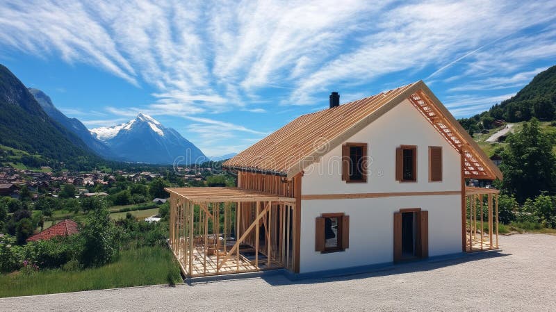 New Home Construction. Timber Frame House Being Built with Scenic ...