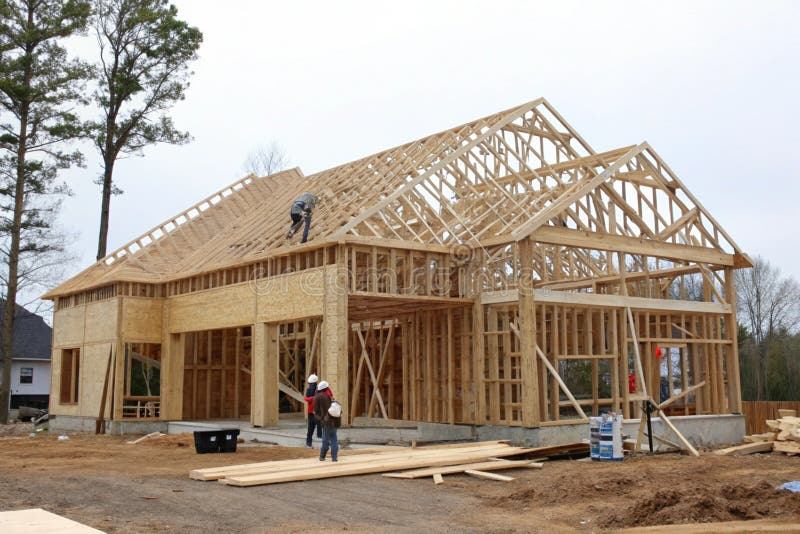 New Home Construction with Wooden Truss Framework Stock Illustration ...