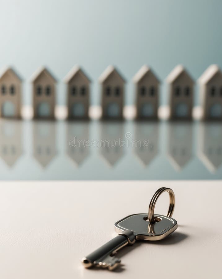 New Home Key and Row of Houses on Light Blue Background Stock Photo ...
