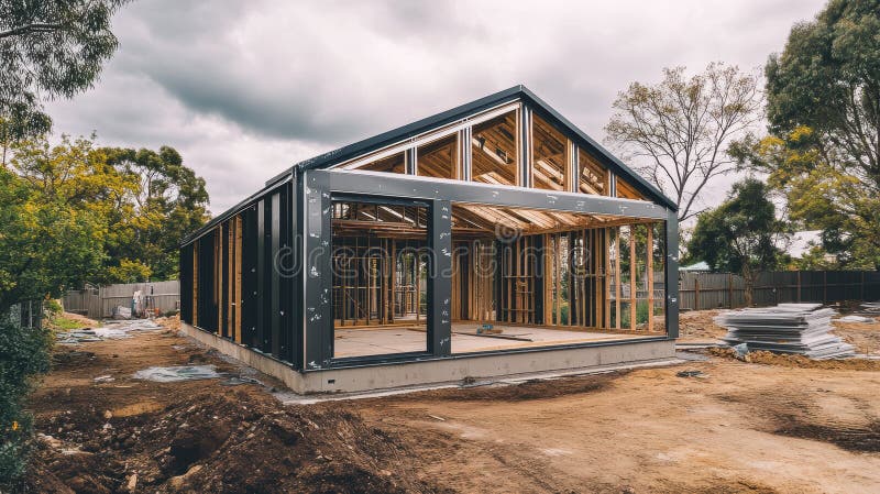 New Home Structure Under Construction Surrounded by Trees and Clouds ...