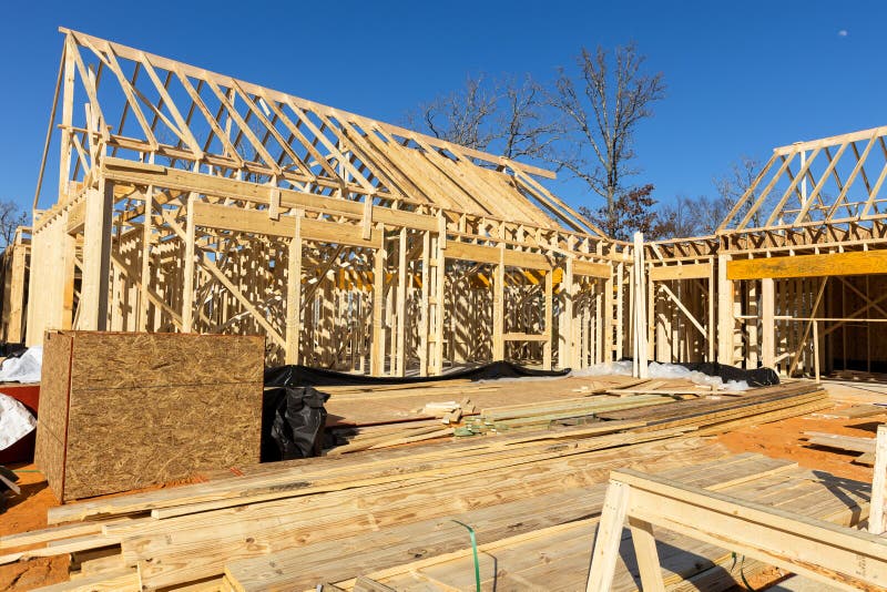 New Home Under Construction during the Framing Process Stock Photo ...