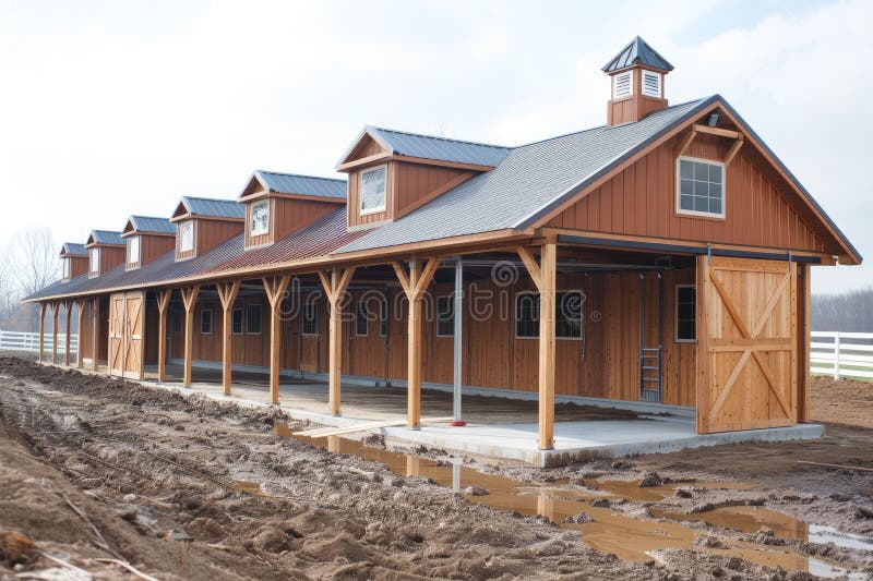 New Horse Stables Constructed of Wood Stock Illustration - Illustration ...