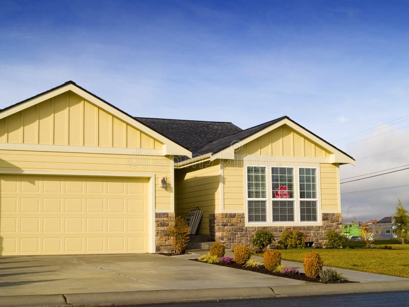 New Red House Home with White Trim Stock Photo - Image of view ...