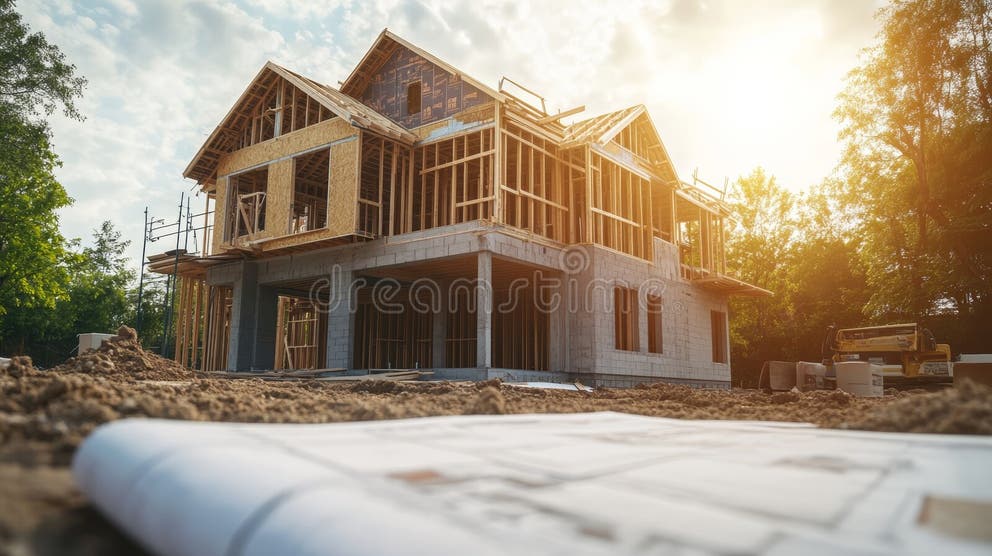 New House Construction in Progress at Sunset Stock Illustration ...