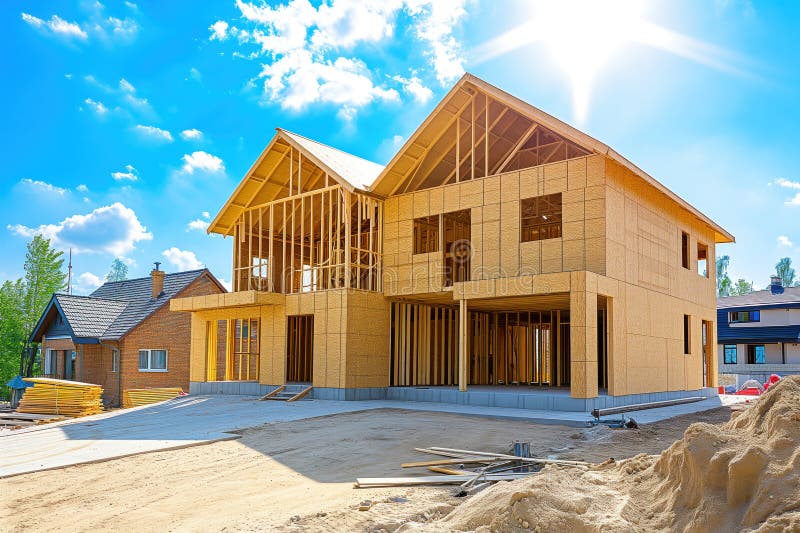 New House Construction in Wood Frames in Progress Stock Photo - Image ...