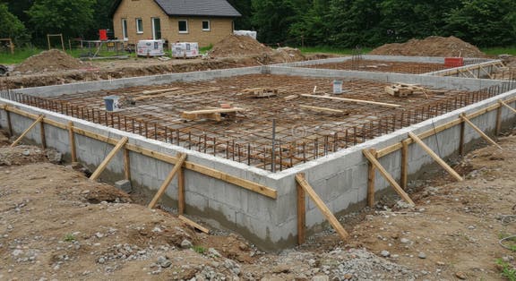 New House Foundation Construction Site with Concrete Formwork and Rebar ...