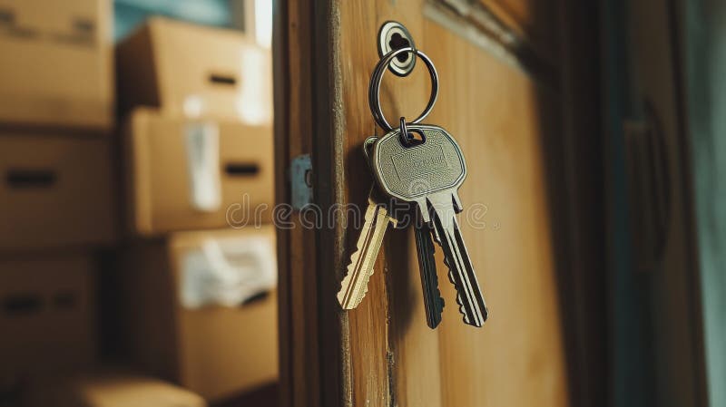 New House Keys Inserted As Moving Process Begins with Cardboard Boxes ...