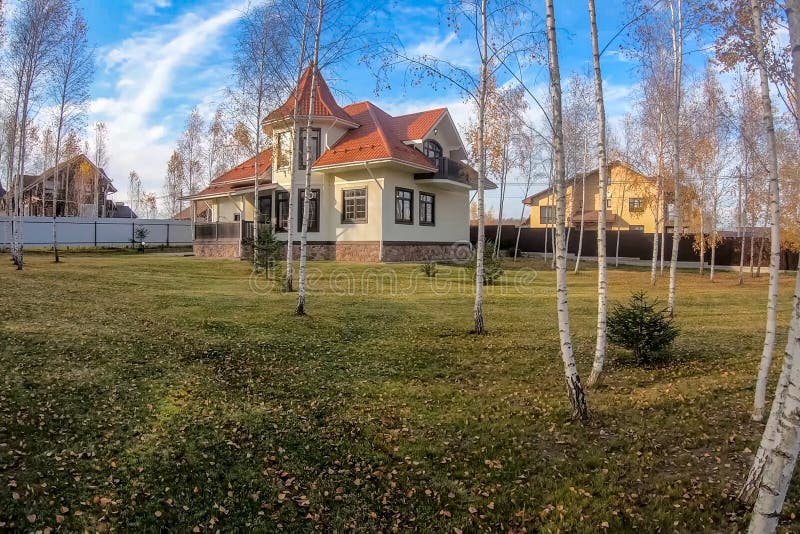 New House with Plot Planted with Birch Trees. Beautiful Home Own Stock ...