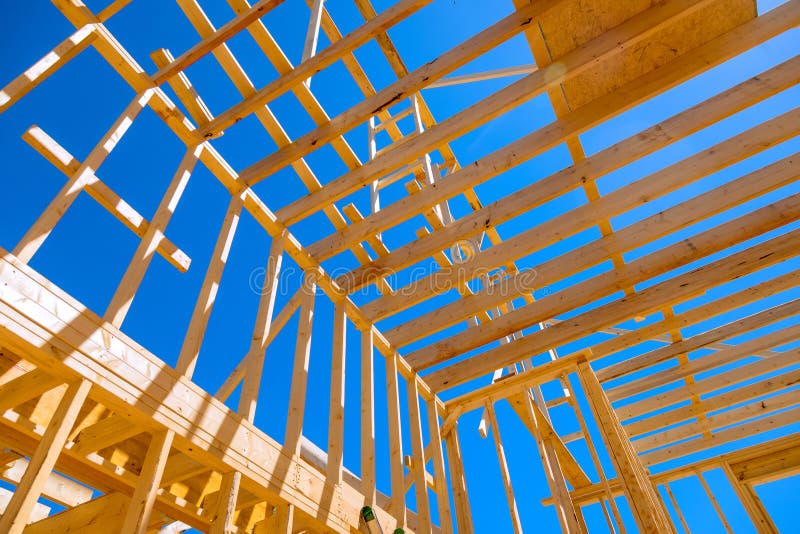 New House Roof Construction Using Wooden Support Beams Stock Image Image Of Dwelling Building