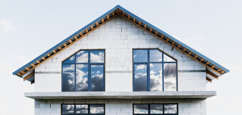 A New House Under Construction with Large Windows Stock Photo - Image ...