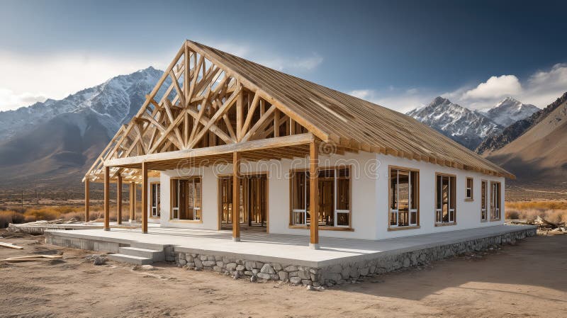 New House Under Construction with Wooden Framing and Scenic Mountain ...