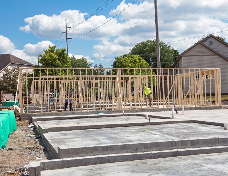 New Housing Construction Framework on Cement Foundation Stock Photo ...
