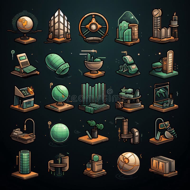 Set of Vector Isometric Icons and Symbols on a Dark Background Stock ...