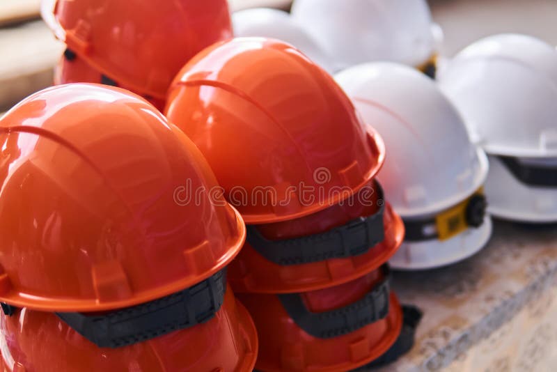 New Industrial Helmets Close Up Stock Photo - Image of helmets, factory ...
