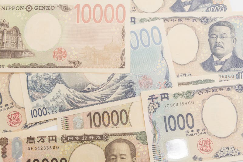New Japanese 10,000 and 1,000 Yen Banknotes Scattered Stock Photo ...