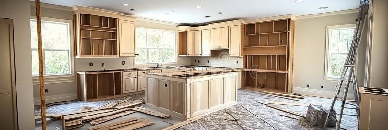 New Kitchen Construction with Cabinets, Island, Building Materials, and ...