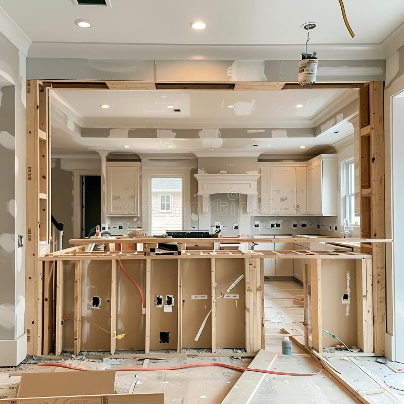 New Kitchen Construction in Progress with Exposed Framework, Plumbing ...