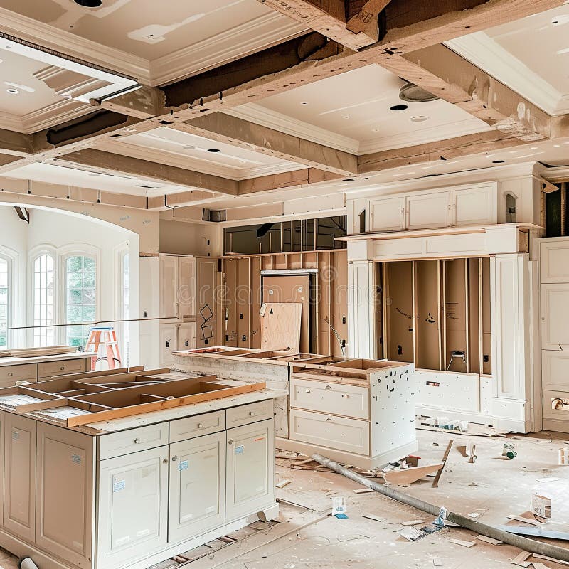 New Kitchen Construction in Progress with Exposed Framework, Plumbing ...