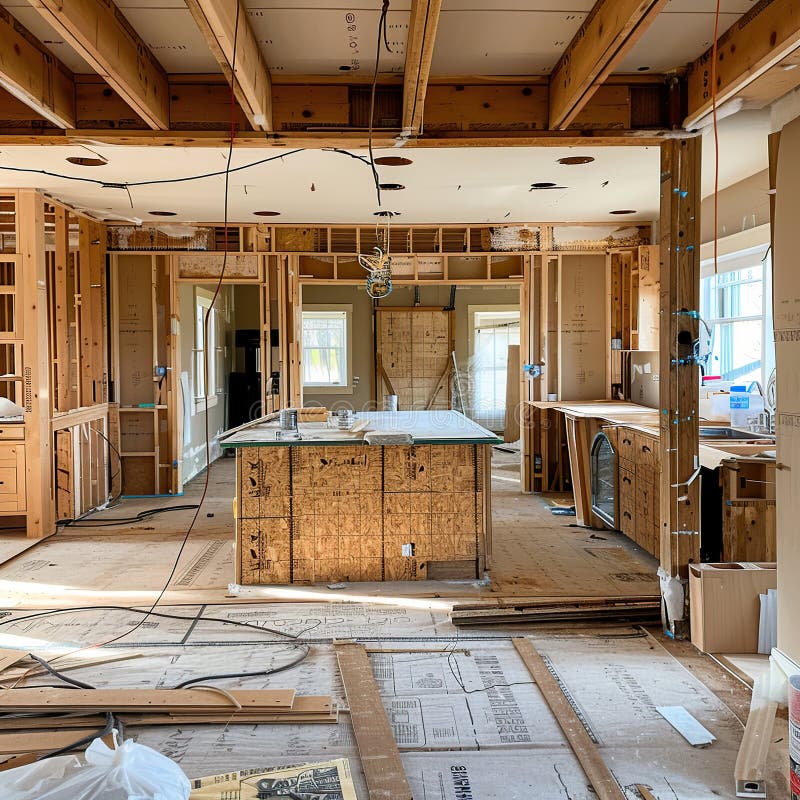 New Kitchen Construction in Progress with Exposed Framework, Plumbing ...