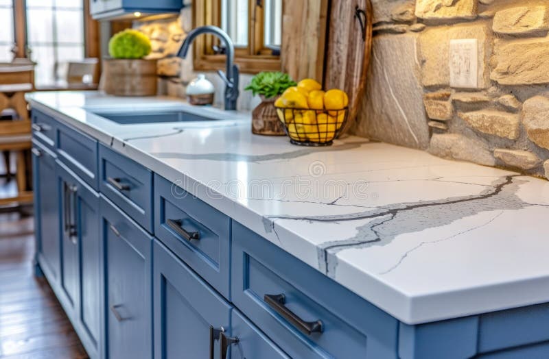 New Kitchen Design with a White Counter Top and Blue Cabinets Stock ...