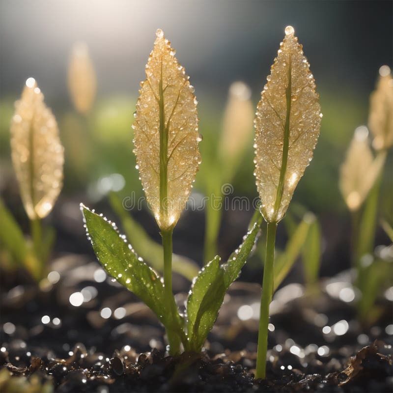 New Leaf Shoots Grow from the Ground in the Morning Stock Illustration ...