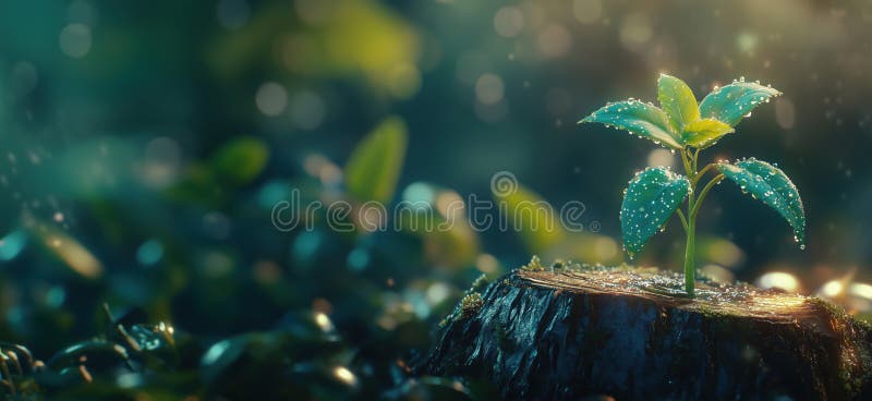 New Life Emerging from Tree Stump with Dew Drops in Serene Forest ...