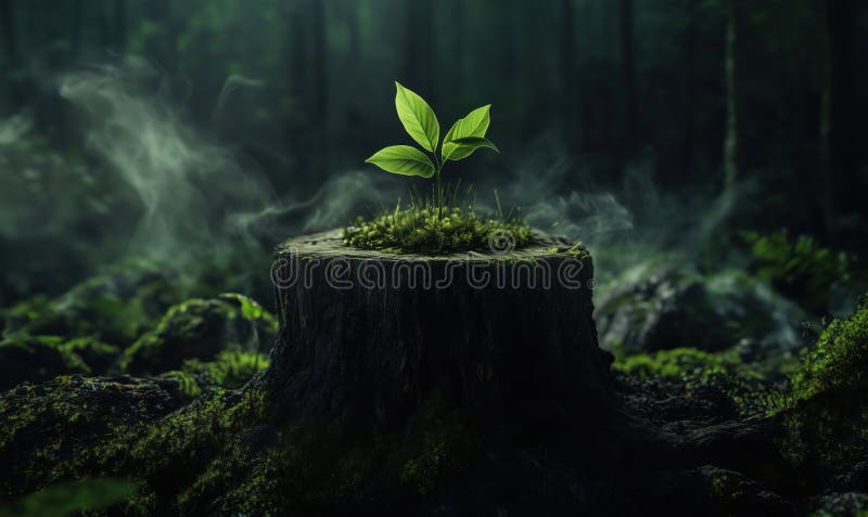 New Life Emerging from Tree Stump in Misty Forest Environment Stock ...