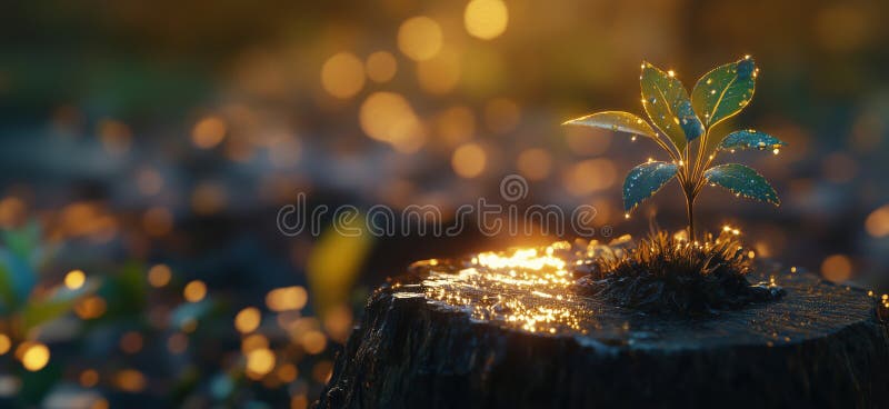 New Life Emerging from Tree Stump with Sparkling Dew in Soft Golden ...