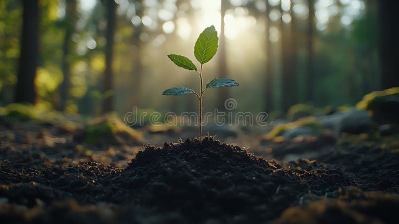 New Life Sprout Emerging in Forest Soil Sunlight Piercing through the ...