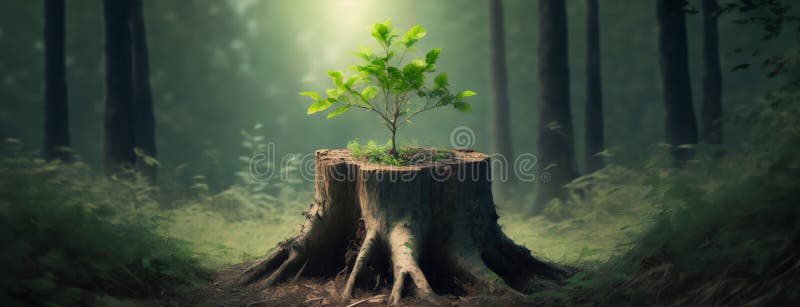 New Life Sprouting on an Ancient Tree Stump in Forest. Stock Image ...