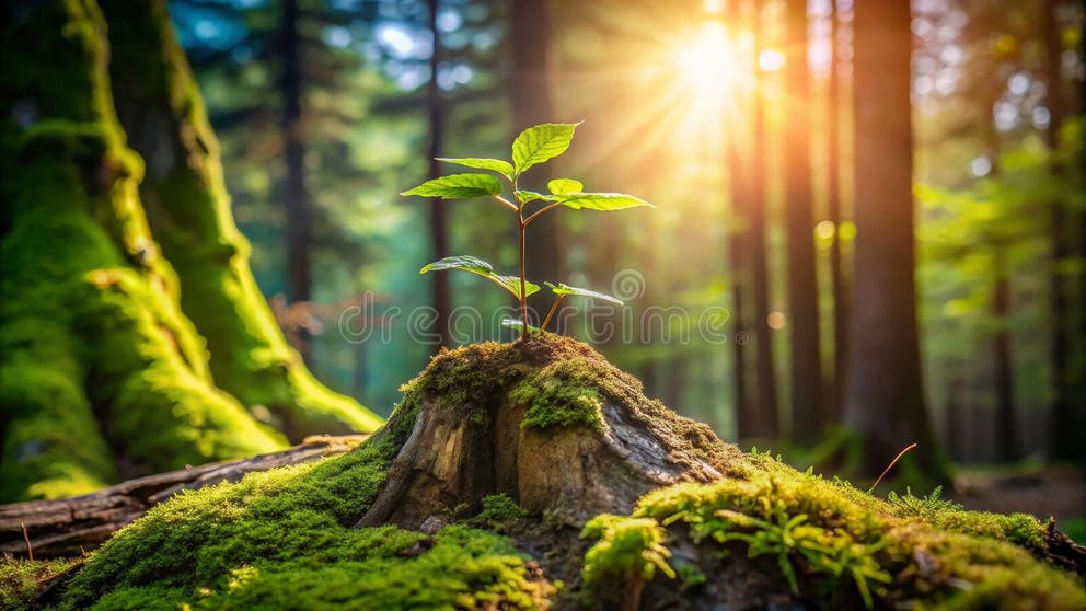 New Life Sprouting in a Sunlit Forest on a Mossy Tree Stump. Generative ...