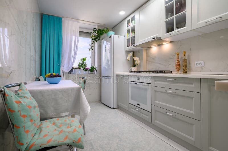 New Light Grey Modern Well Designed Kitchen Interior Stock Image ...