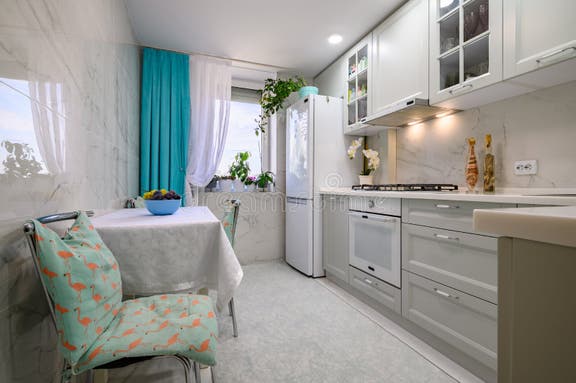 New Light Grey Modern Well Designed Kitchen Interior Stock Photo ...