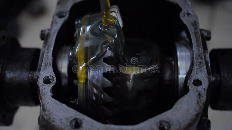 New Light Machine Oil is Poured into the Open Brewed Gearbox Stock ...