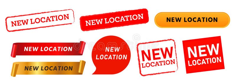 New Location Stamp Ribbon Button and Speech Bubble for Information ...