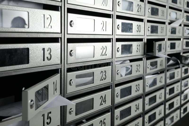 New Mailboxes with Keyholes, Numbers and Receipts Stock Image - Image ...