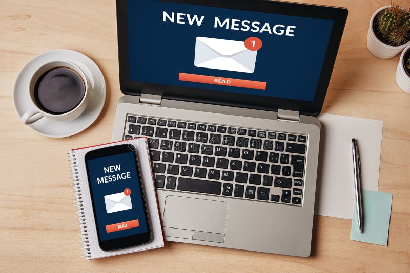 New Message Notification Concept on Laptop and Smartphone Screen Stock ... New Message Notification Concept on Laptop and Smartphone Screen Stock ...