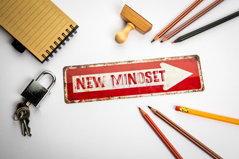 New Mindset. Red Direction Arrow with Text on Office Desk Stock Photo ...