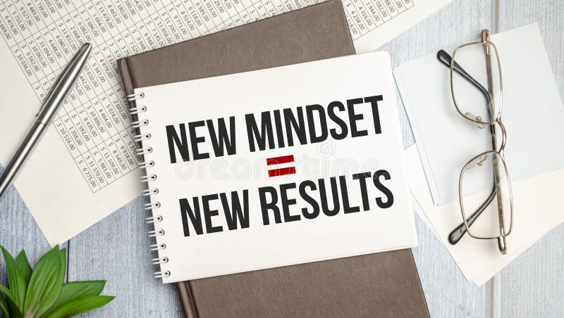 New Mindset - New Results on Brown Diary and Blue Background Stock ...