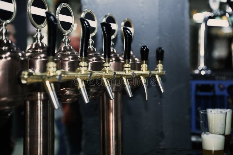 New Modern Beer Taps on Bar Counter Stock Photo - Image of brewery ...