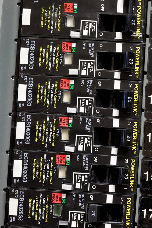 A Close Up of High Tech Breakers in an Electrical Distribution Panel ...