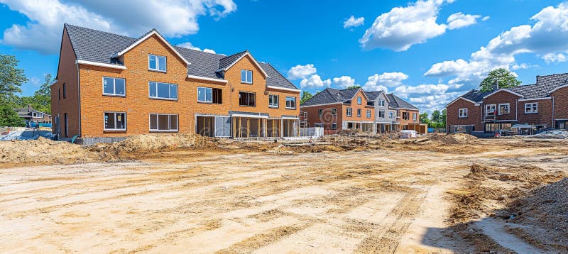 New Modern Homes Under Construction in Suburban Residential Development Under Blue Sky. Stock ...