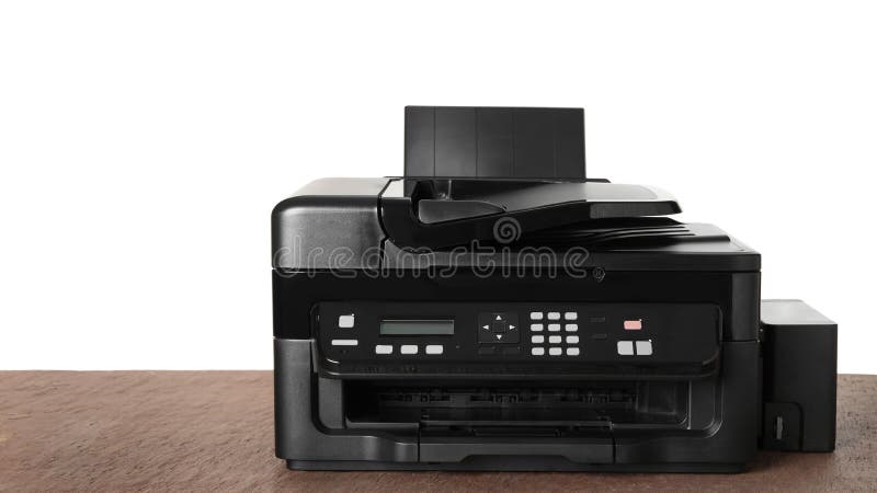 Modern Multifunction Printer on Table and Flying Sheets of Paper ...