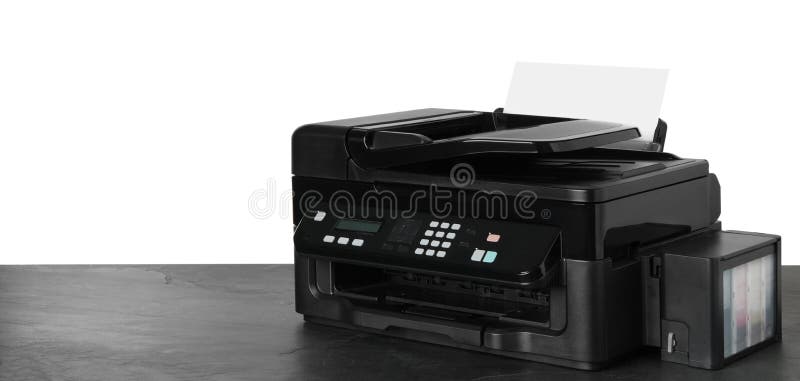 New Modern Multifunction Printer on Grey Table Stock Photo - Image of ...