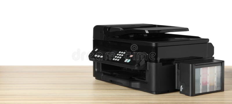 New Modern Multifunction Printer on Wooden Table Stock Image - Image of ...