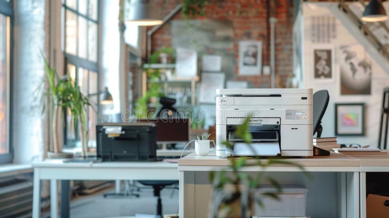 New Modern Printer and Office Supplies on Wooden Table Stock Photo ...